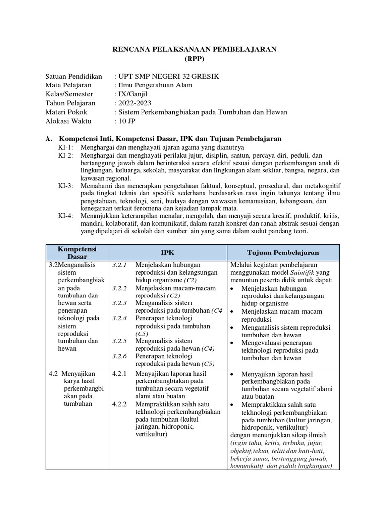 RPP IPA Kelas IX: Reproduksi | PDF