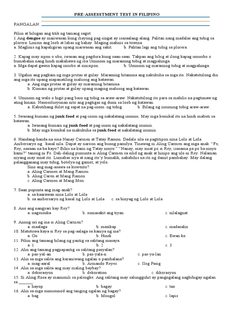 Pre-Test Filipino 2 | PDF