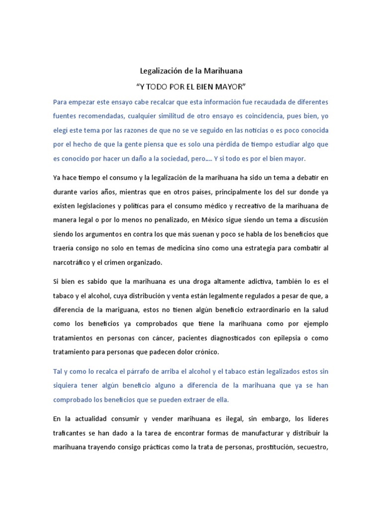 Ensayo Legalización De La Marihuana Pdf Cannabis Droga