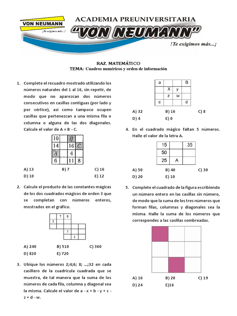 Raz. Matemático TEMA: Cuadros Numéricos y Orden de Información | PDF | Matemáticas