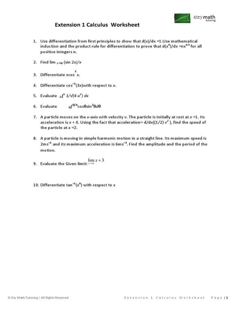 Extension 1 Calculus Worksheet | PDF