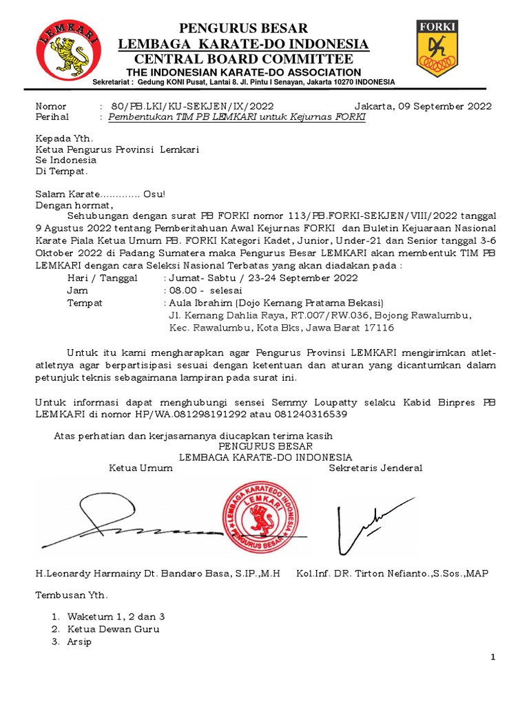 Surat No 80 PB LKI - Pembentukan TIM PB LEMKARI Untuk Kejurnas FORKI | PDF