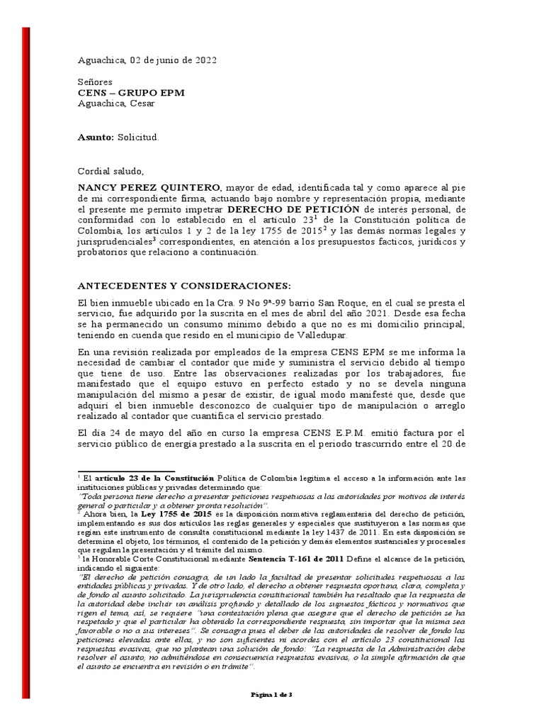 Solicitud de aclaración a CENS EPM | PDF | Petición | Justicia