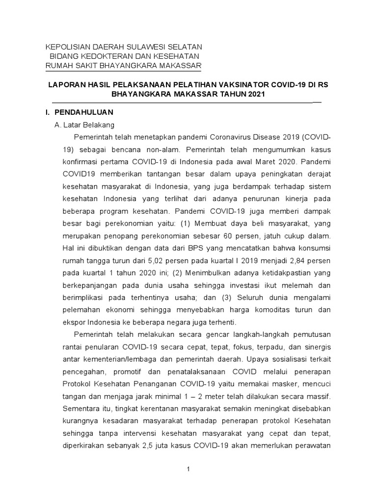 Laporan Hasil Pelaksanaan Kegiatan Pelatihan Vaksinator Di RS Bhayangkara | PDF