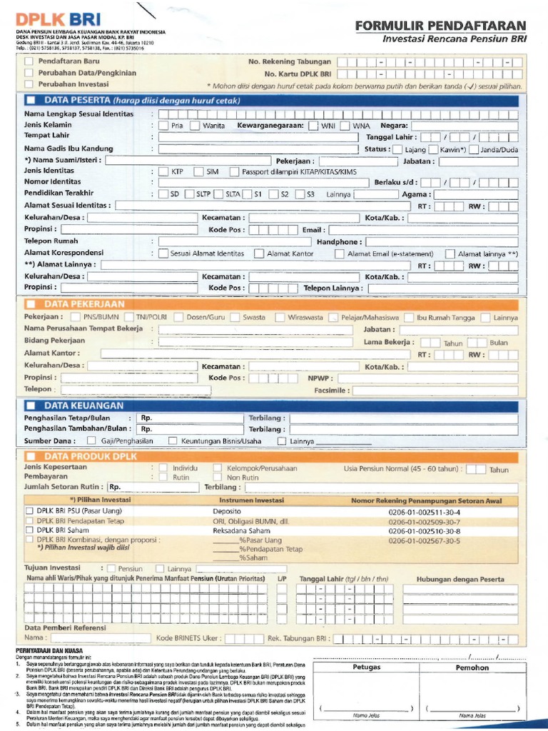 DPLK BRI - Form Pendaftaran Dan Perubahan Data | PDF