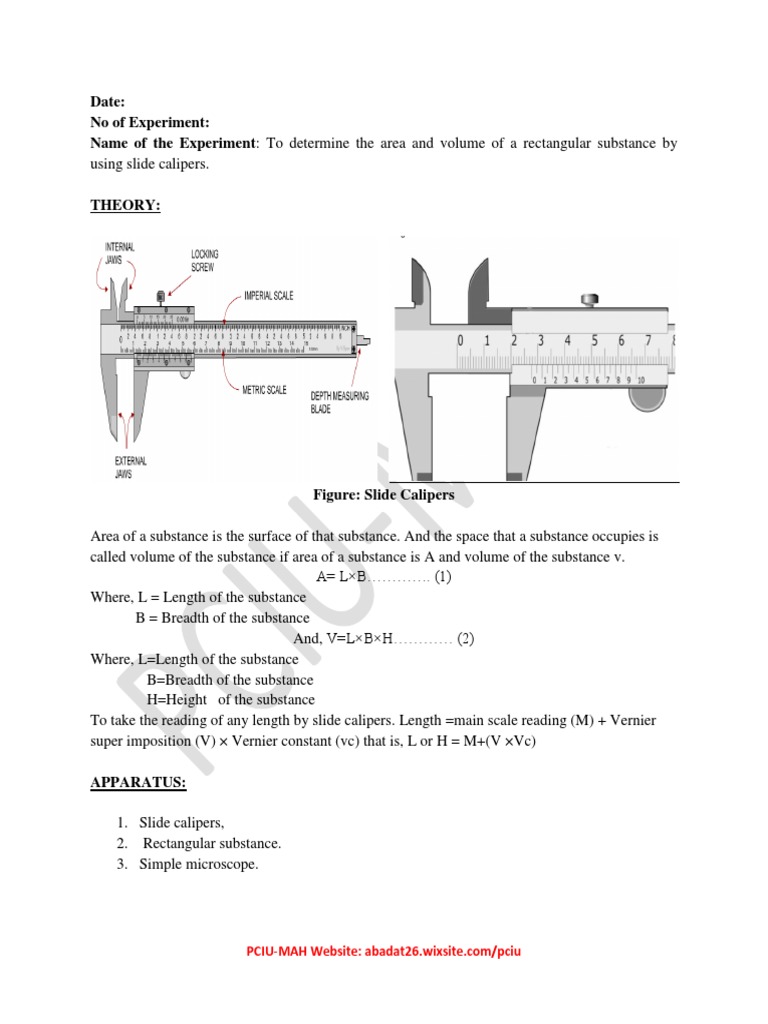 Measure Area & Volume Rectangular Object Using Slide Calipers | PDF | Metrology
