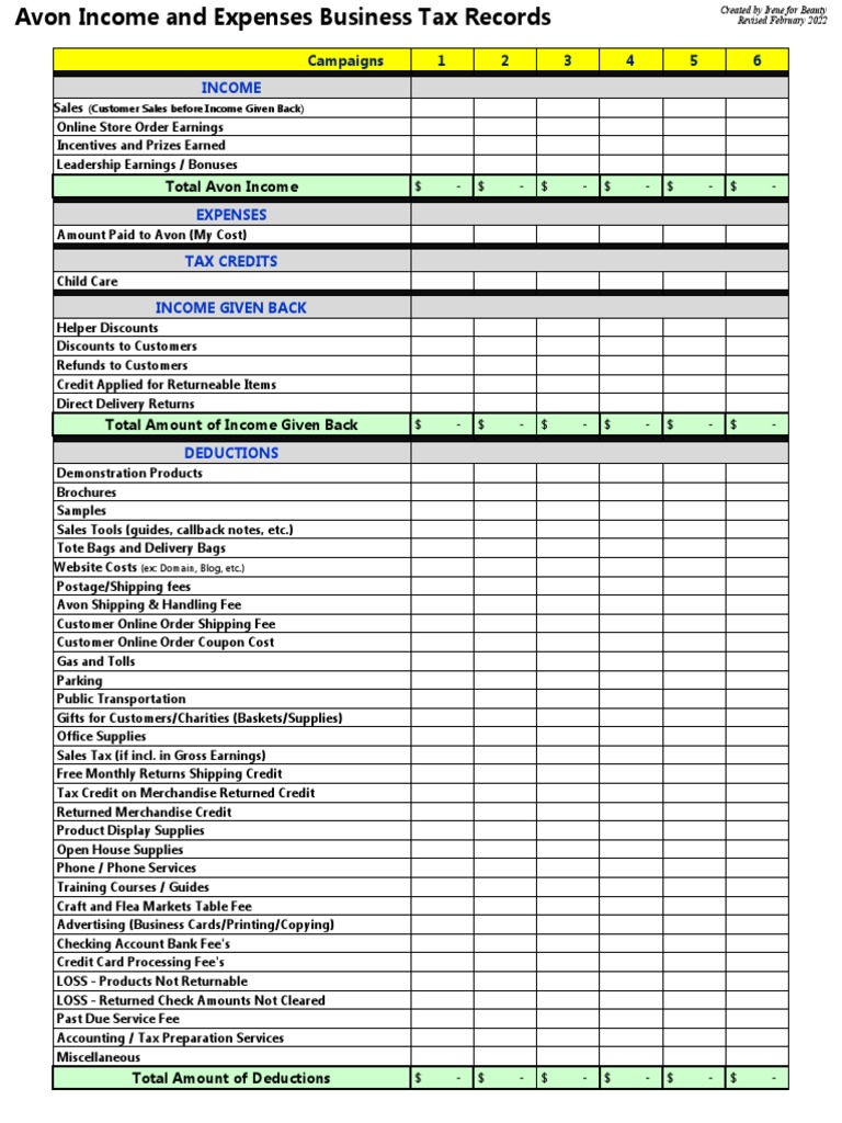 Avon Business Tax Records Worksheet | PDF | Fee | Tax Deduction
