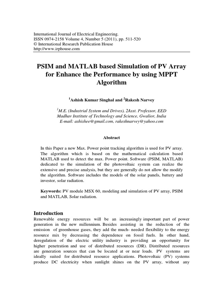 Psim And Matlab Based Simulation Of Pv A Download Free Pdf Photovoltaics Photovoltaic System