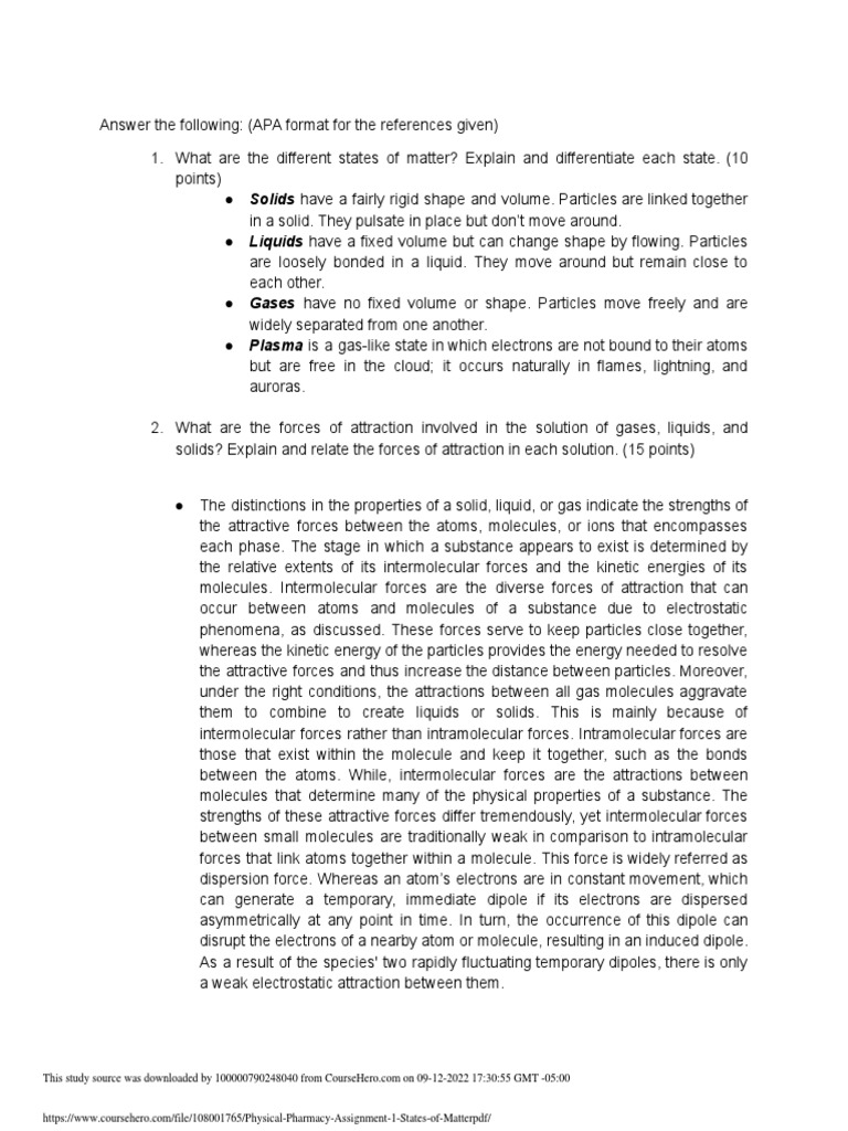 Physical Pharmacy Assignment 1 States of Matter PDF | PDF ...