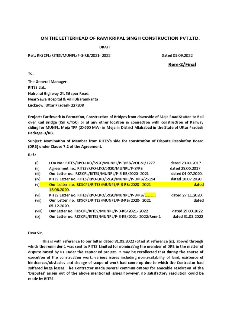 Draft Letter DRB Contract No - Ritesrpo-Lko5920munplp-3rb, 09.9.22 Rem ...