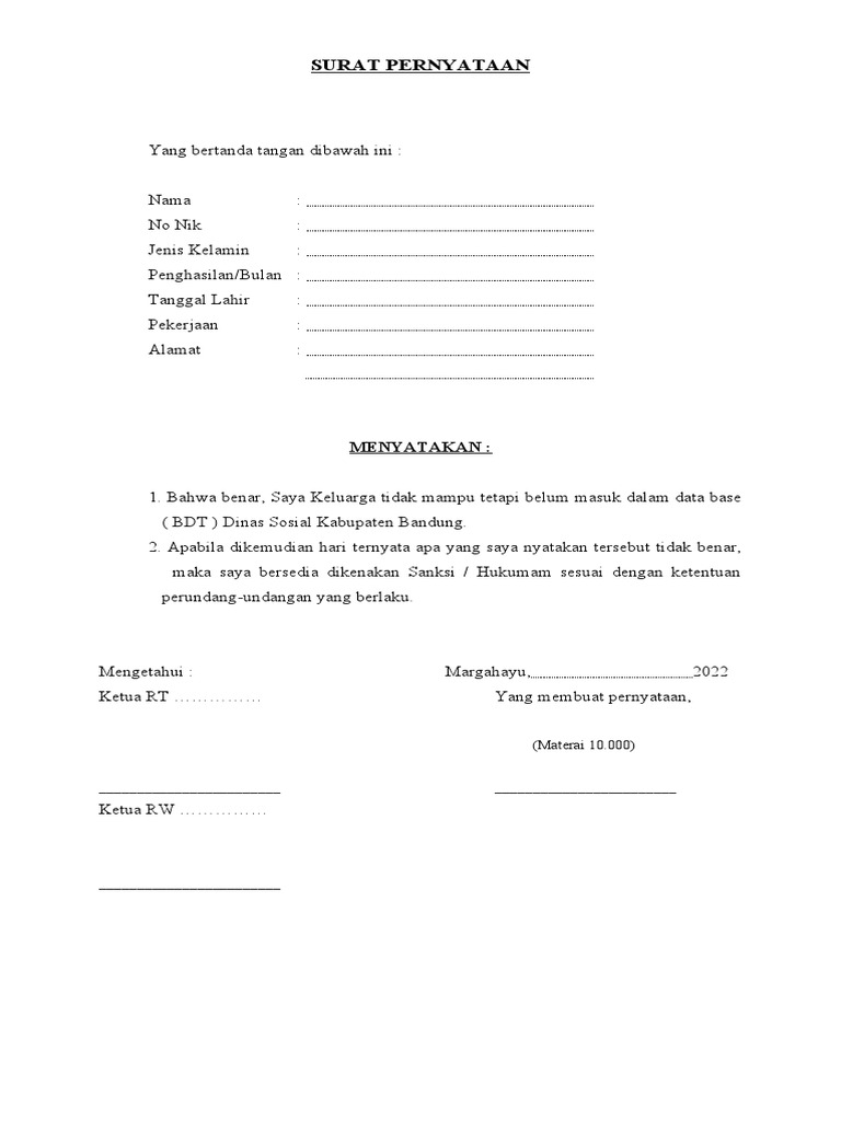 Surat Pernyataan SKTM | PDF