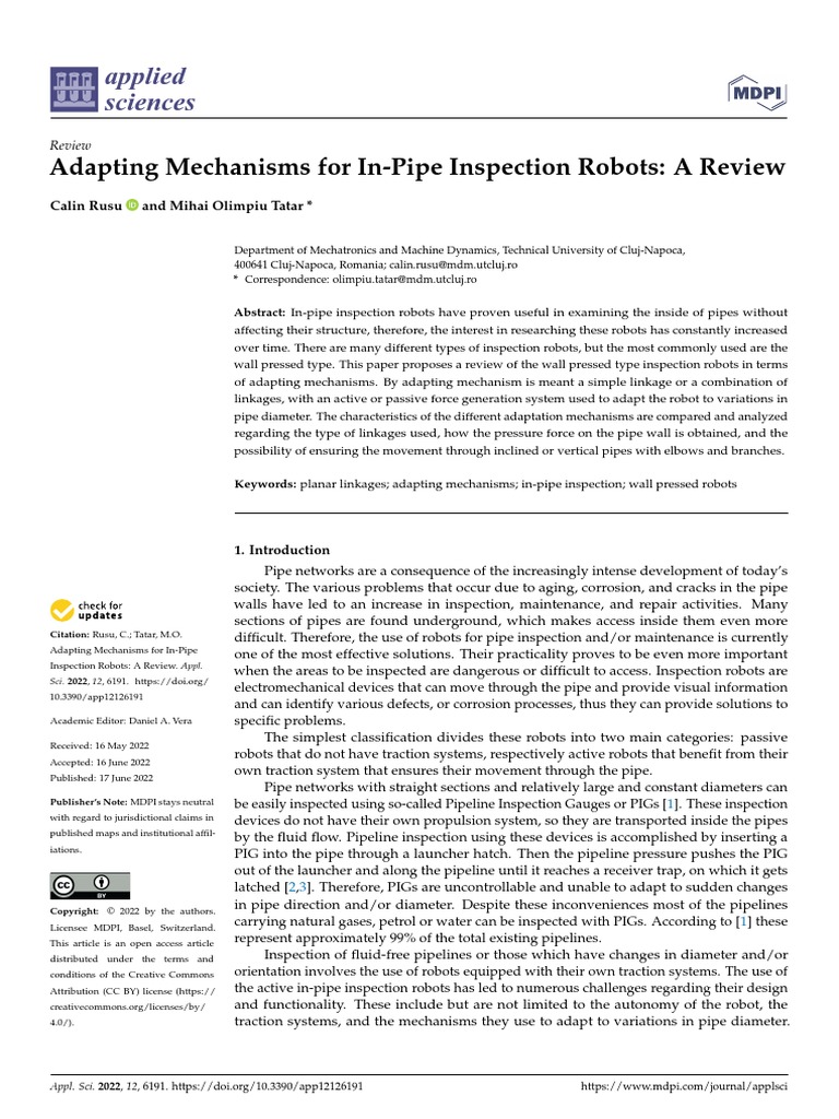 Adapting Mechanisms For In-Pipe Inspection Robots A Review | PDF | Pipe ...