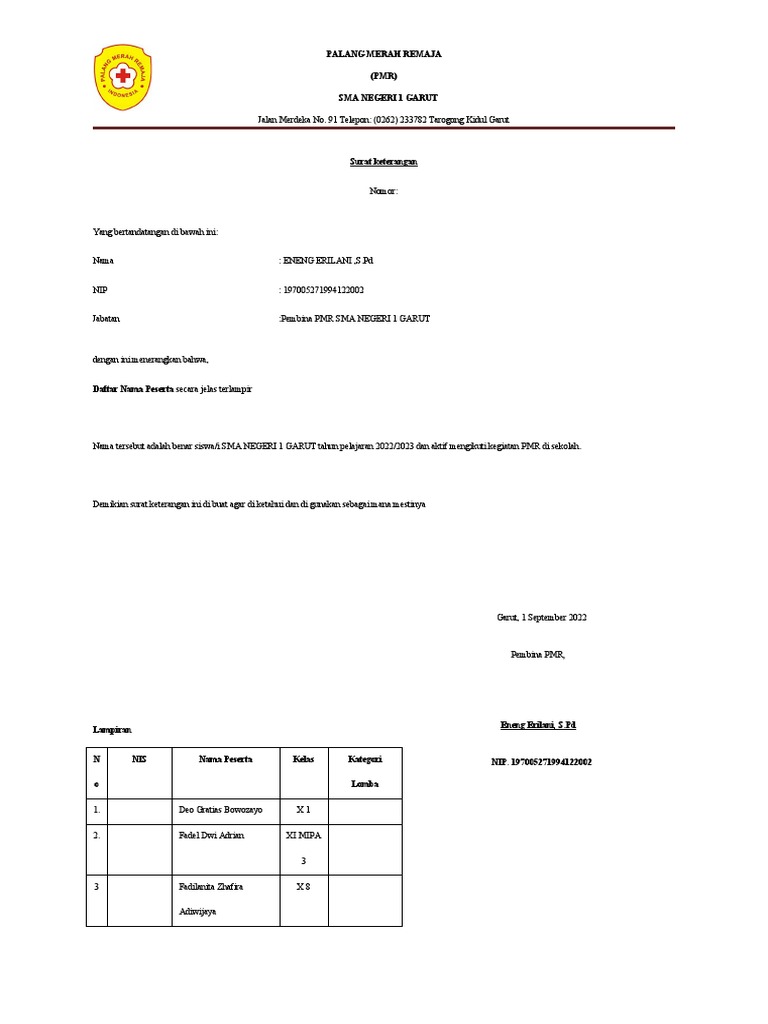 Surat Keterangan Peserta PMR SMA 1 Garut | PDF
