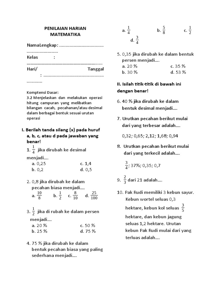 Soal Ulangan Matematika Desimal, Persen, Pecahan | PDF