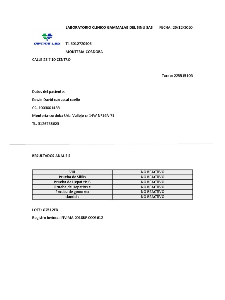 Laboratorio Clinico Gammalab Del Sinu Sas | PDF