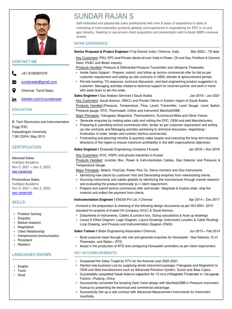 Sundar Rajan CV | PDF | Sales | Flow Measurement