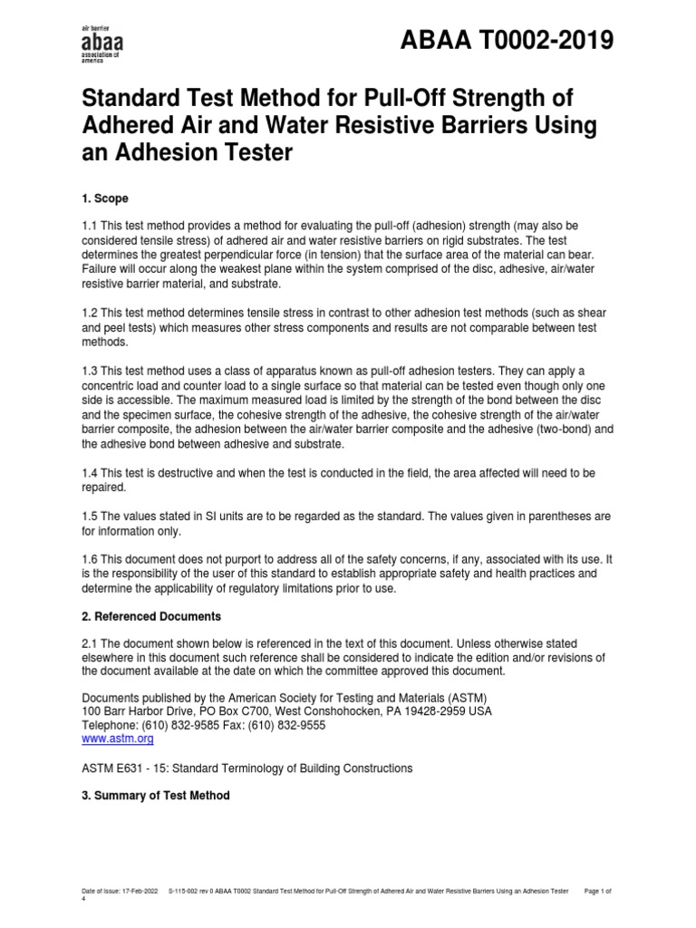 ABAA T0002 Standard Test Method For Pull Off Strength of Adhered Air ...