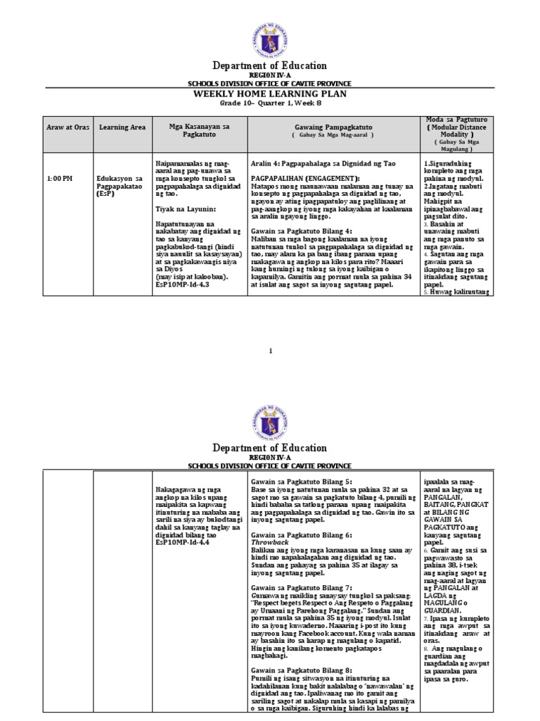ESP Grade 10 Q1 W8 | PDF