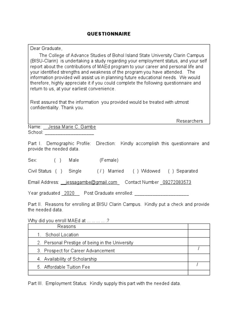 Tracer Study Questionnaire 1 | PDF | Schools | Cognition