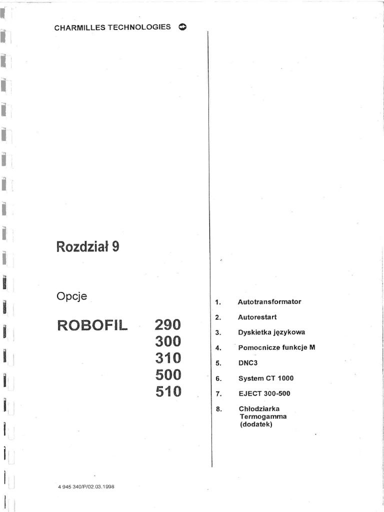 Rozdział 9 Opcje Robofil 290 300 310 500 510 | PDF