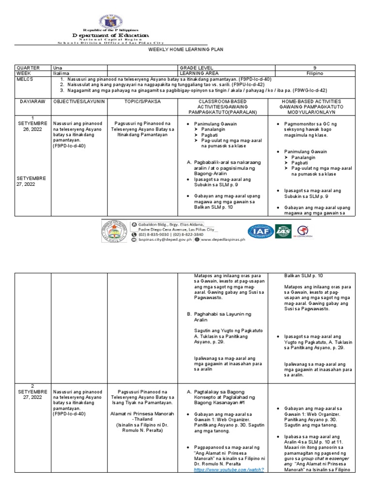 Weekly Learning Plan | PDF