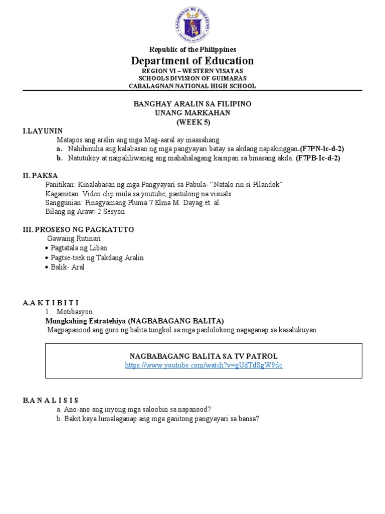 BANGHAY ARALIN SA FILIPINO Week 5 | PDF