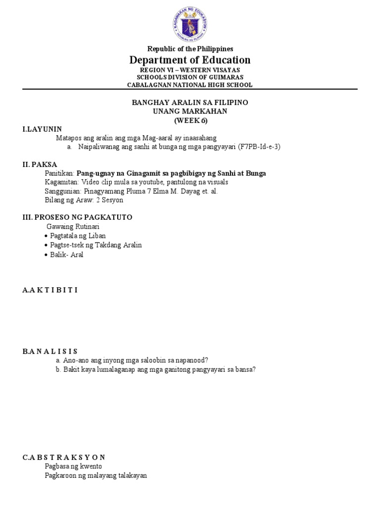 BANGHAY ARALIN SA FILIPINO Week 6 | PDF