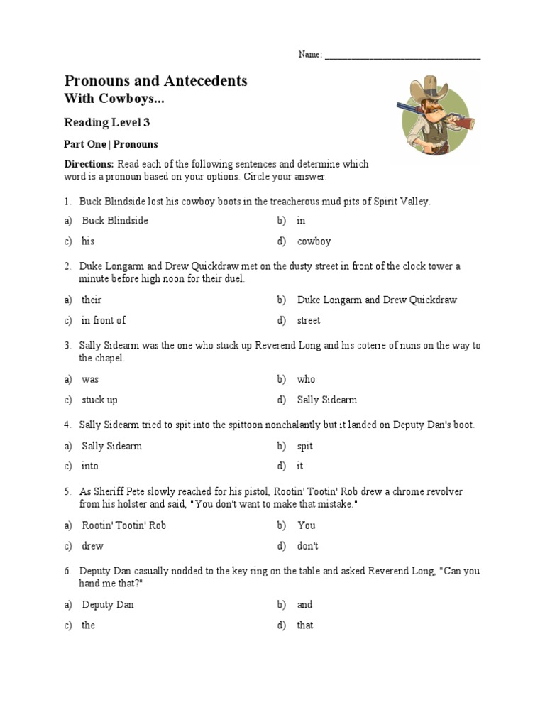 Pronouns and Antecedents Worksheet Reading Level 03 | PDF