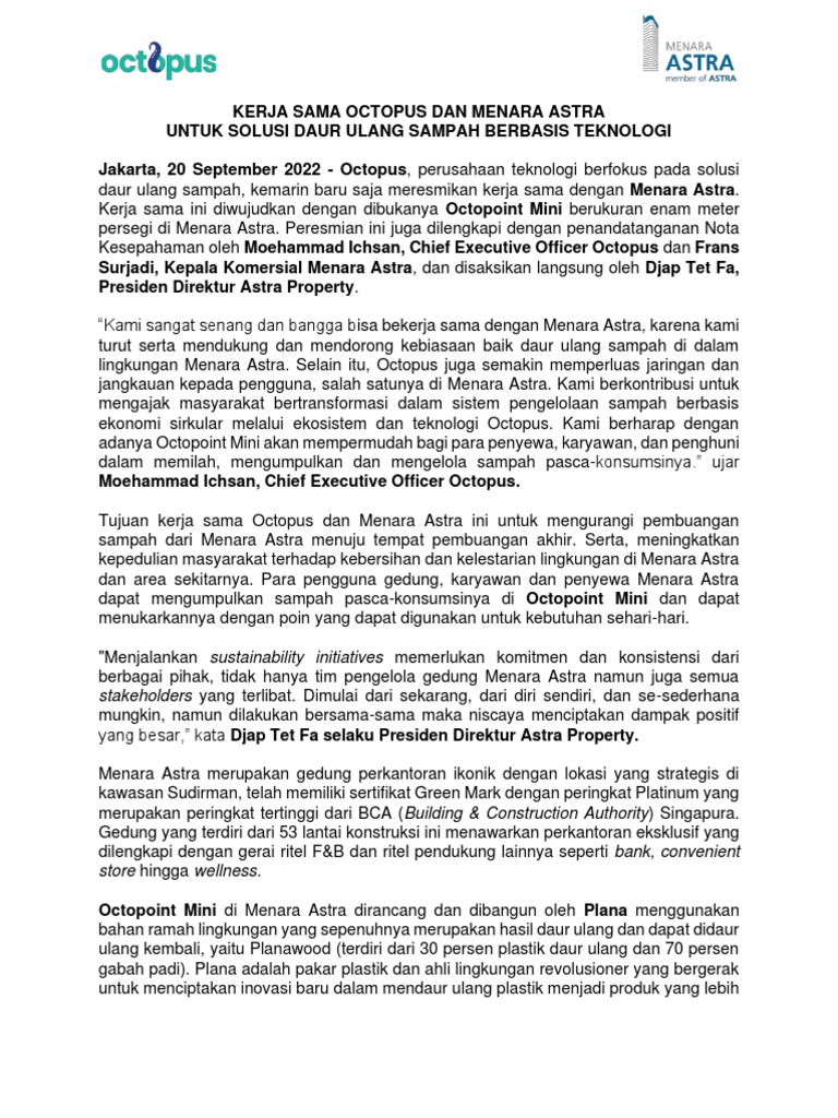 Press Release - Kerja Sama Octopus Dan Menara Astra | PDF