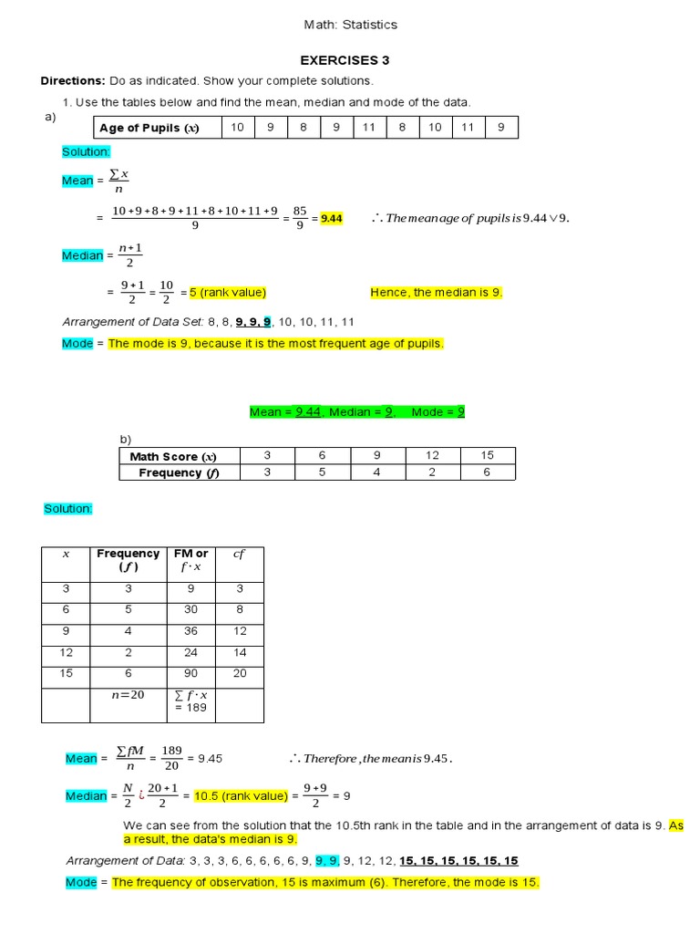 Statistics Exercises: Mean, Median, Mode | PDF | Mode (Statistics) | Median