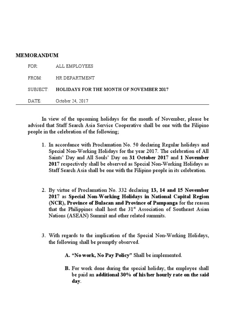 Memo For Holidays | PDF | Philippines | Labor
