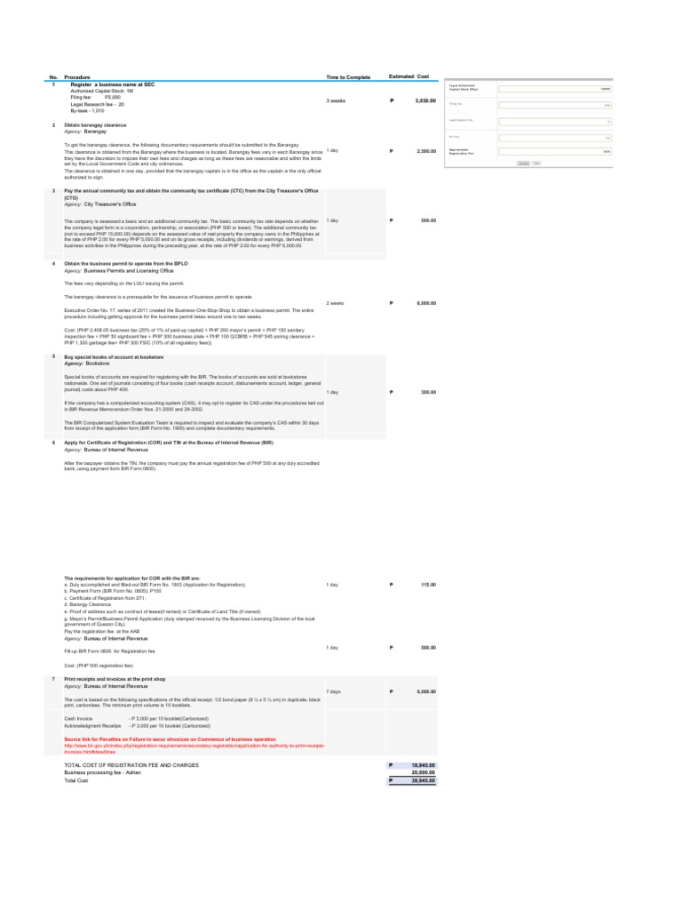 Business Registration Costing Corp SEC To BIR | PDF | Taxes | Government