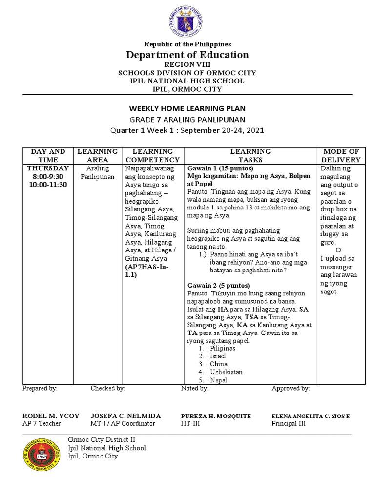 Weekly Home Learning Plan AP 7 - Q1 Week 1 | PDF