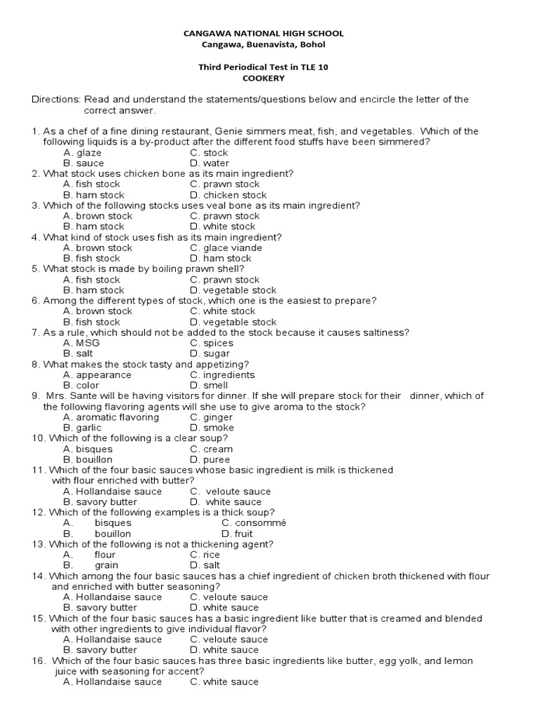 Third Periodical Test in Cookery 9 | PDF | Stock (Food) | Cooking