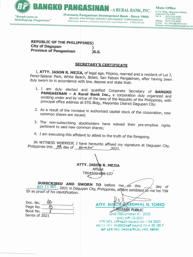 Secretary's Certificate Non-Subscribing | PDF