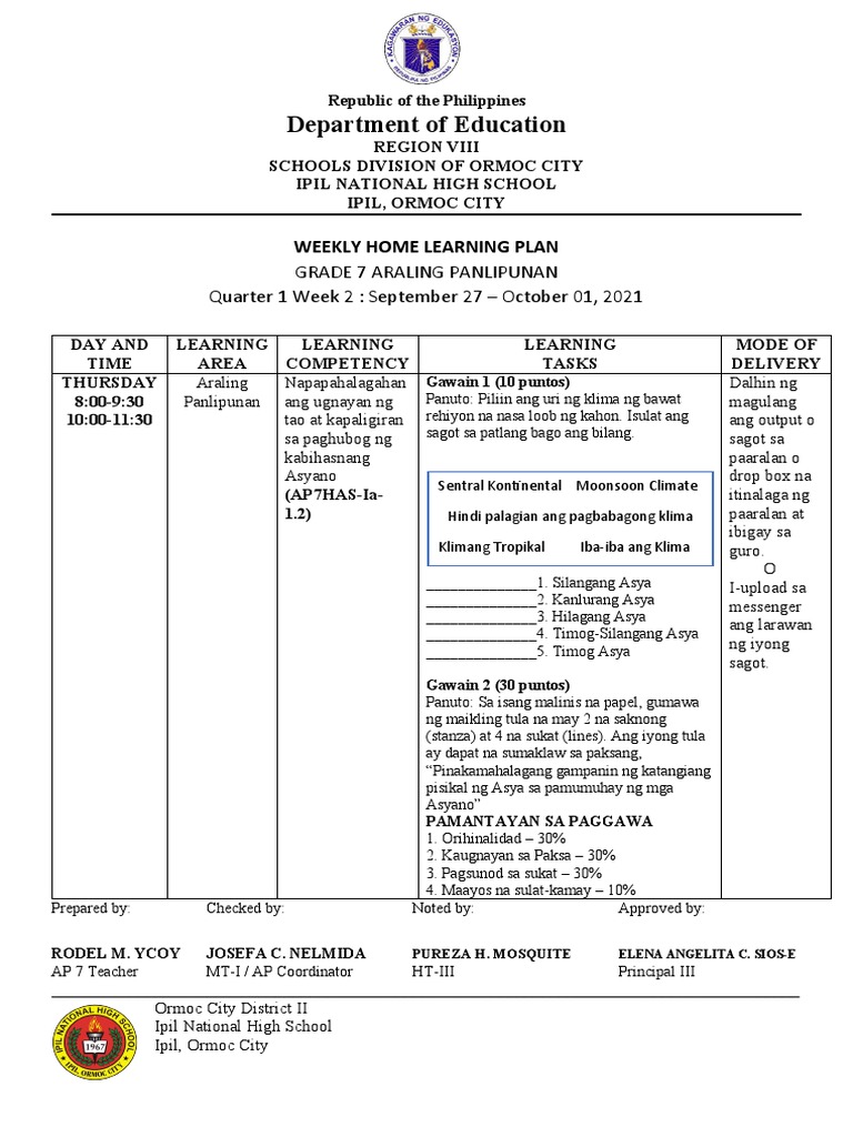Weekly Home Learning Plan Ap 7 - Q1 Week 2 | PDF