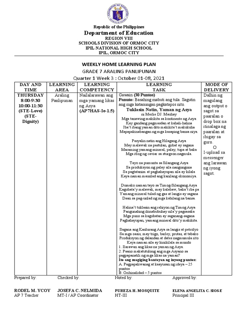 Weekly Home Learning Plan Ap 7 - Q1 Week 3 | PDF