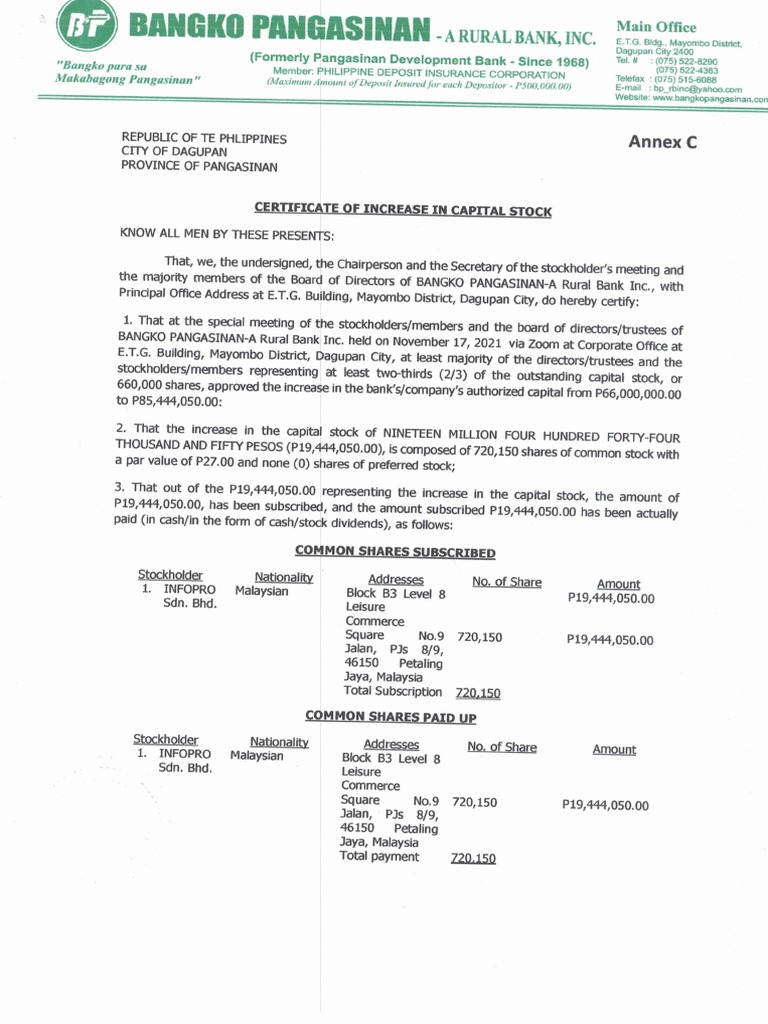 Certificate of Capital Increase ANNEX C | PDF
