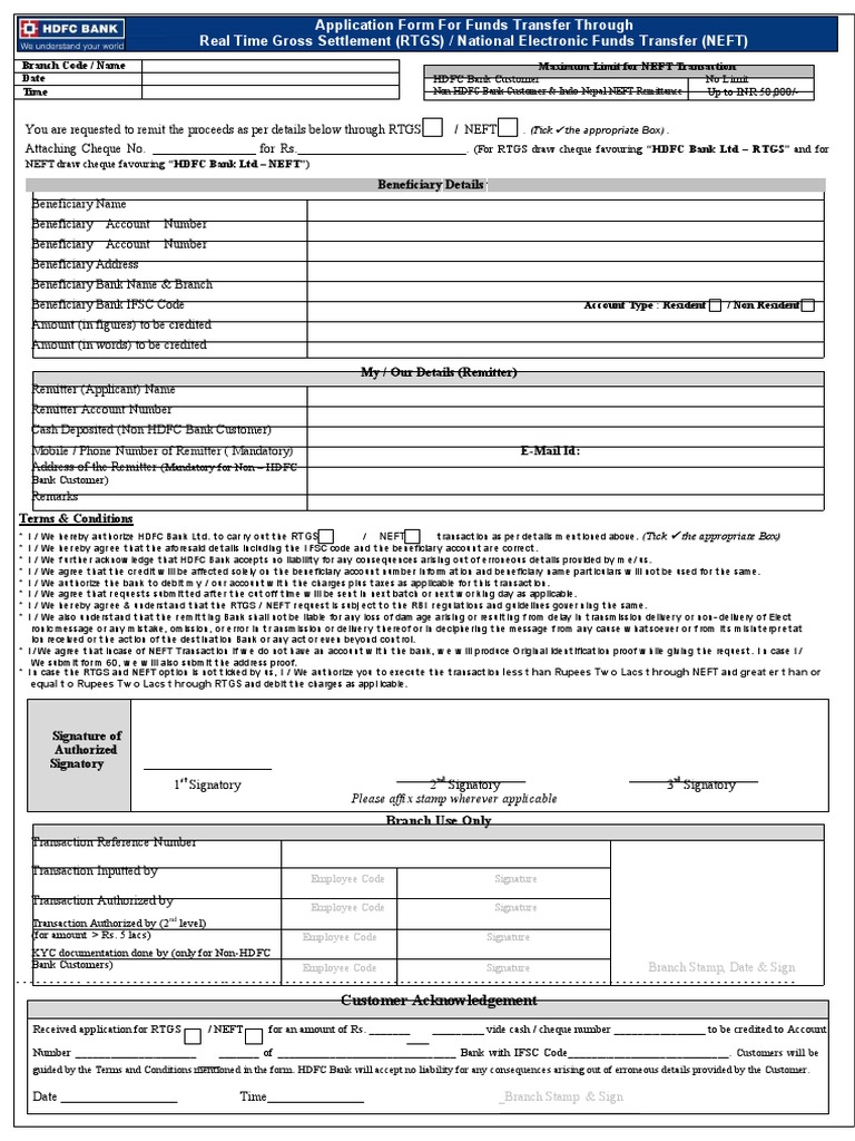 HDFC Rtgs Neft Form PDF Download | PDF | Banking Technology | Economies