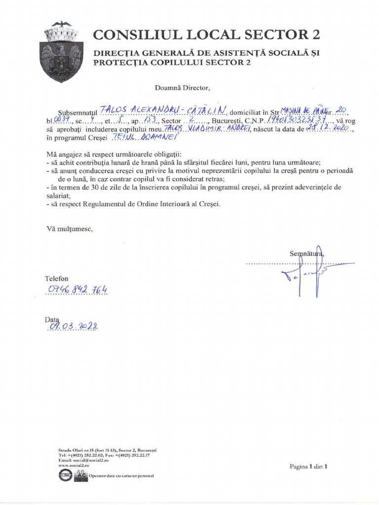 Documente Inscriere Cresa Talos Vladimir | PDF
