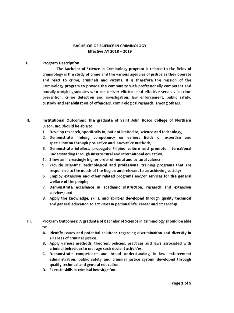 BSCRIM Program Specification AY 2018 2019 | PDF | Forensic Science | Criminology