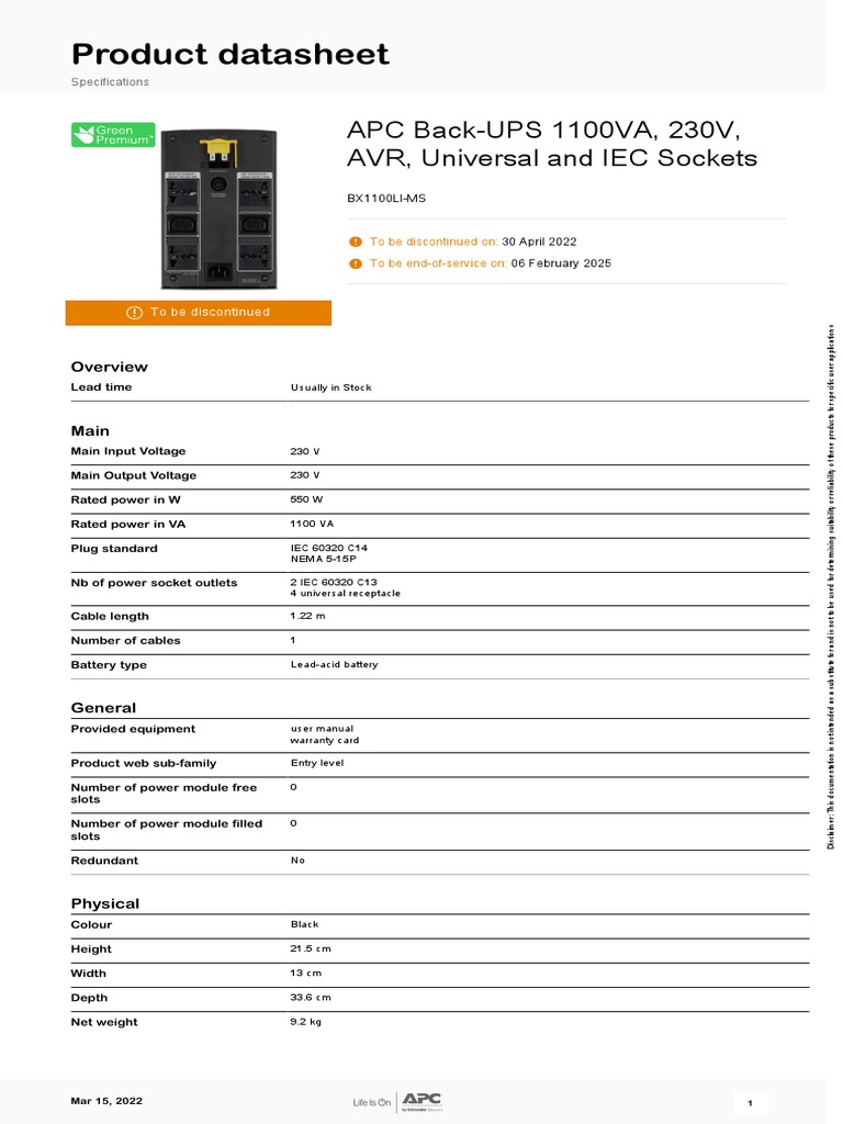 APC Back-UPS - BX1100LI-MS | PDF | Ac Power Plugs And Sockets | Mains Electricity