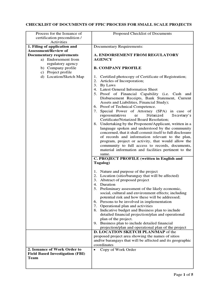 Checklist of Documents of FPIC Process - Small Scale | PDF | Federal ...