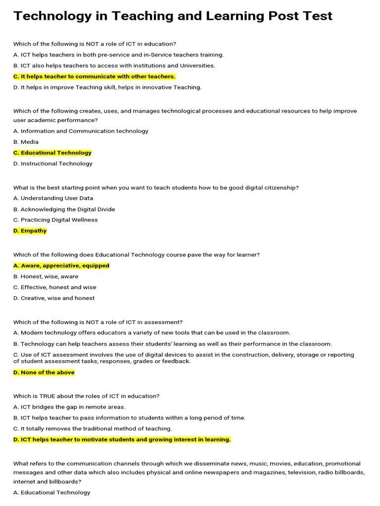 Technology in Teaching and Learning Post Test | PDF | Educational ...
