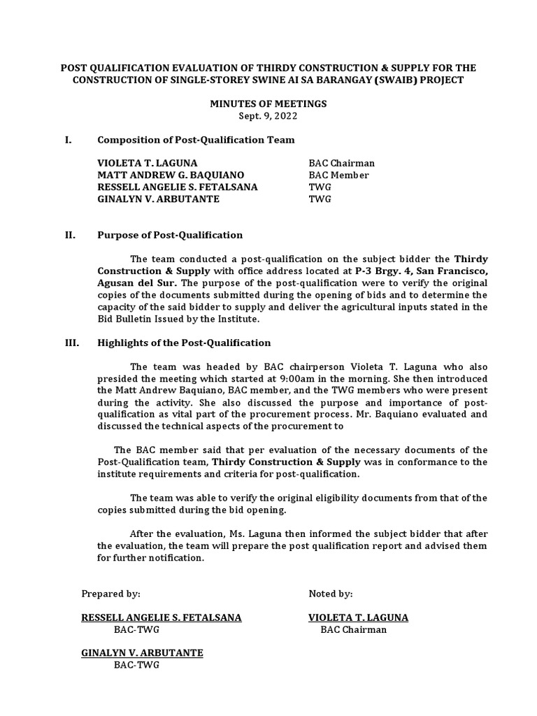 Post-Qua Evaluation - Thirdy Construction | PDF | Business