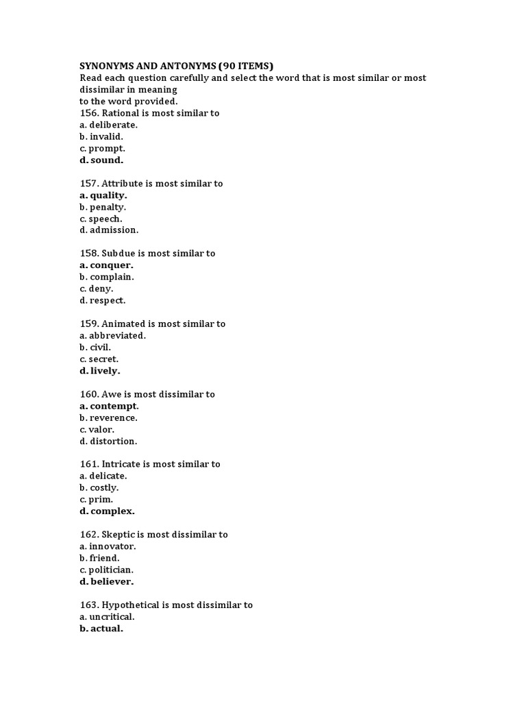Synonyms and Antonyms Assessment: A Comprehensive List of Word ...