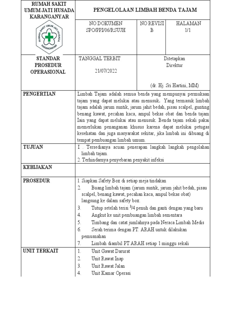 Spo Pengelolaan Limbah Benda Tajam | PDF | Sains & Matematika