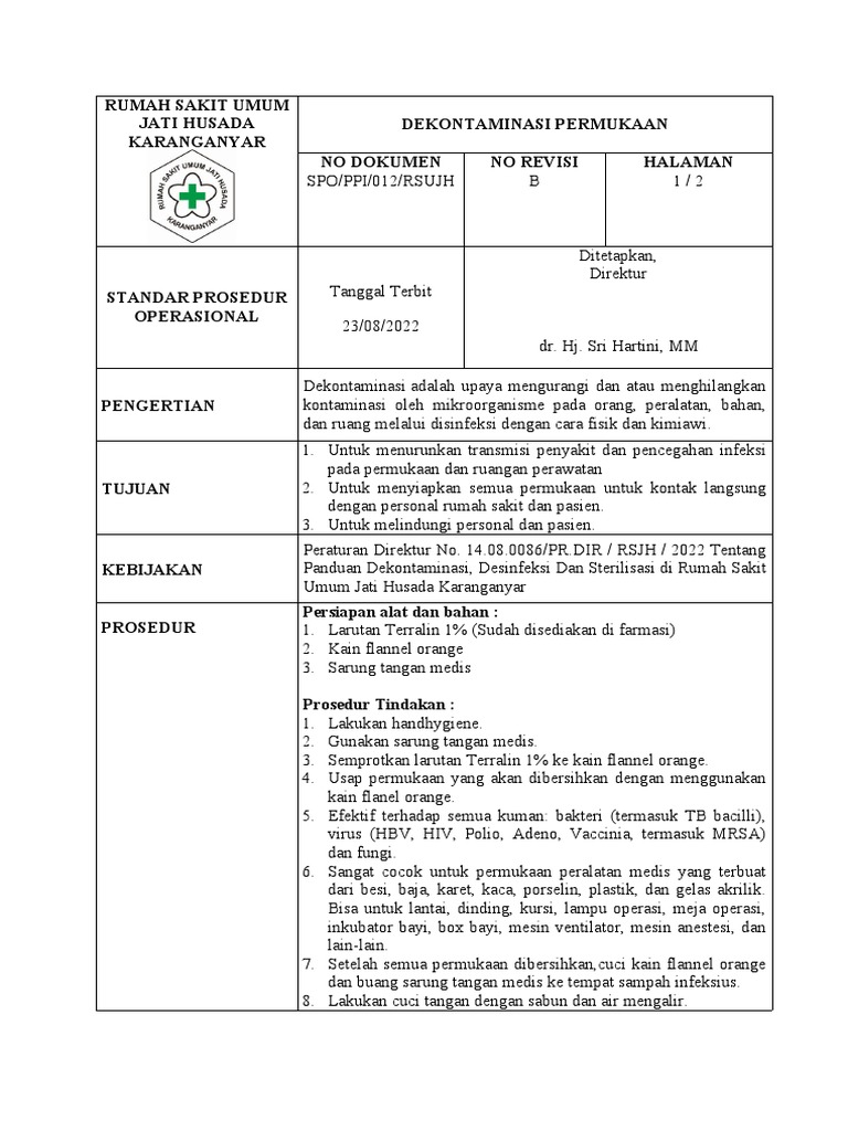 Spo.012. Dekontaminasi Permukaan Dengan Teralin | PDF | Sains & Matematika