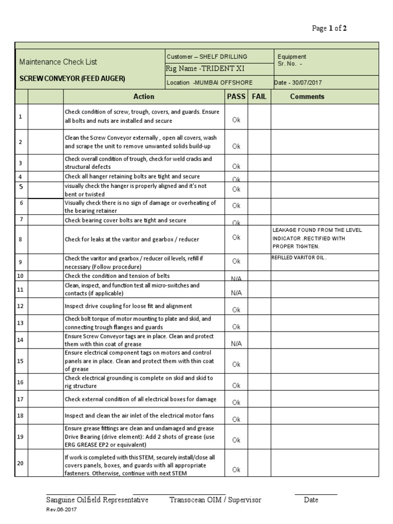 Maintenance Checklist Feed Auger | PDF | Screw | Mechanical Engineering