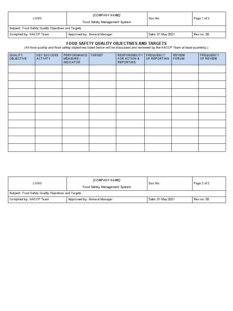 Food Safety Quality Objectives Overview | PDF | Business | Finance ...